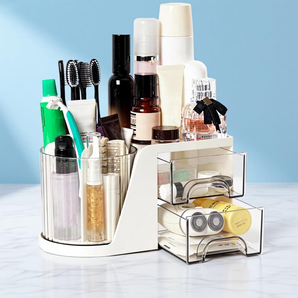 Rotating Bathroom Countertop Organizer with 2 Drawers Caddy for Vanity ...