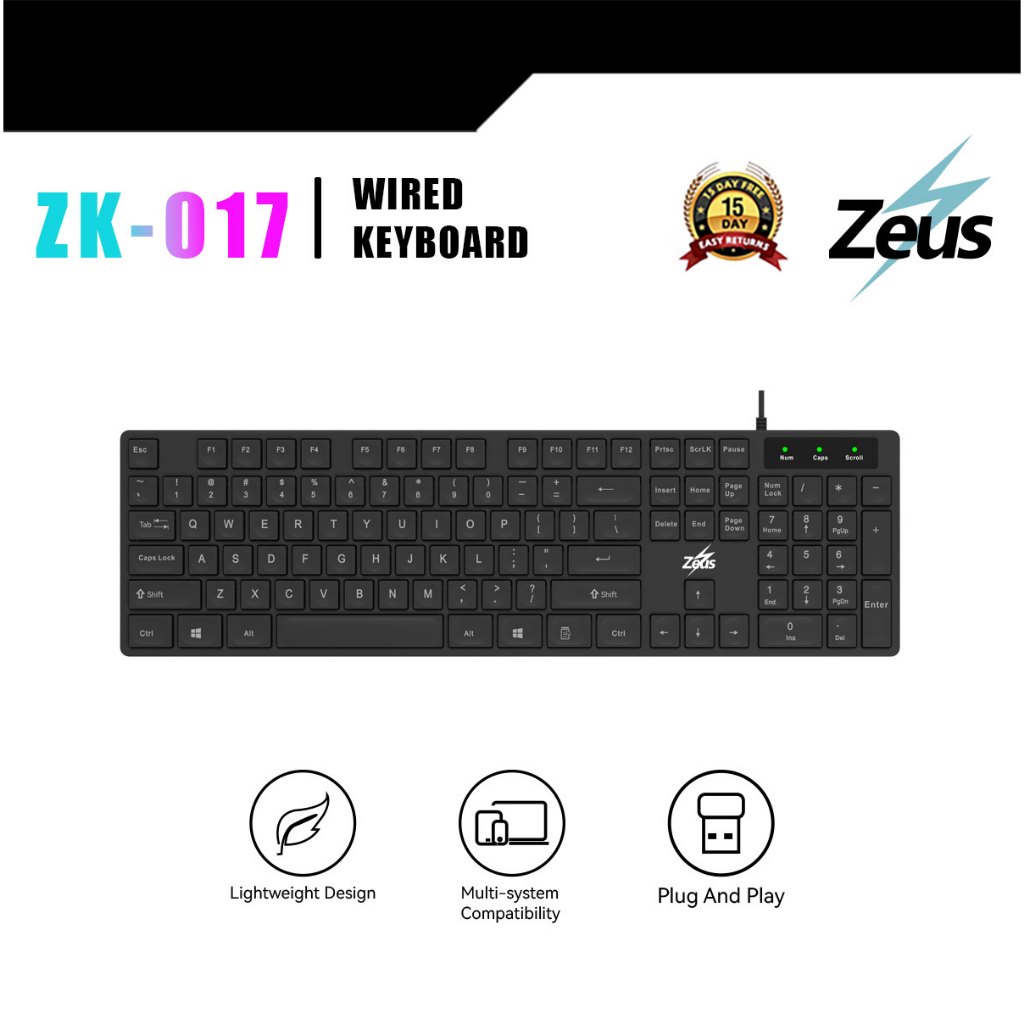 Zeus ZK017 Wired Keyboard Lightweight Multi-System Compatible 104 Keys ...