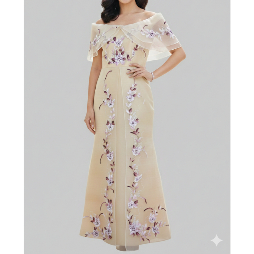 Modern Filipiniana Off Shoulder Long Gown Handpainted-beige | Shopee ...