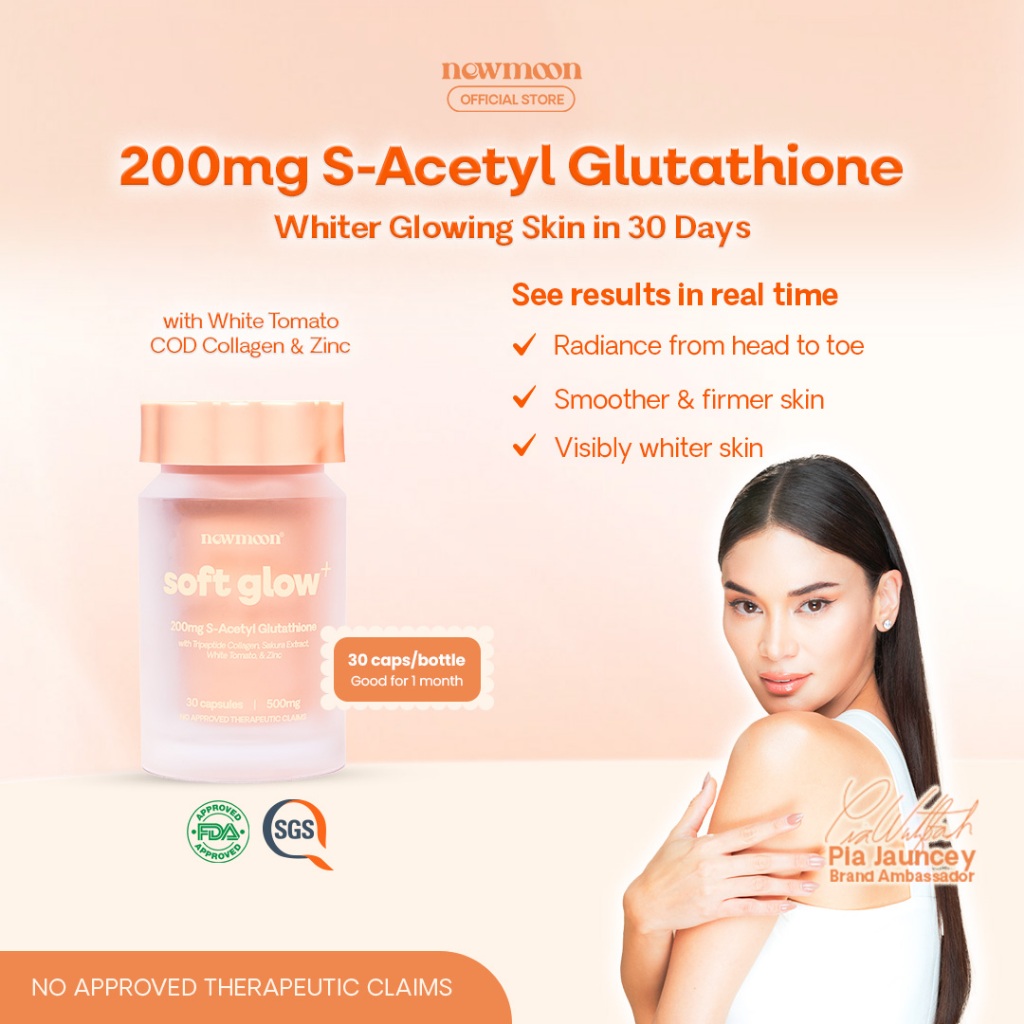 NEW MOON 200 mg S-Acetyl Glutathione Whitening 30 CAPSULES Soft Glow+ ...