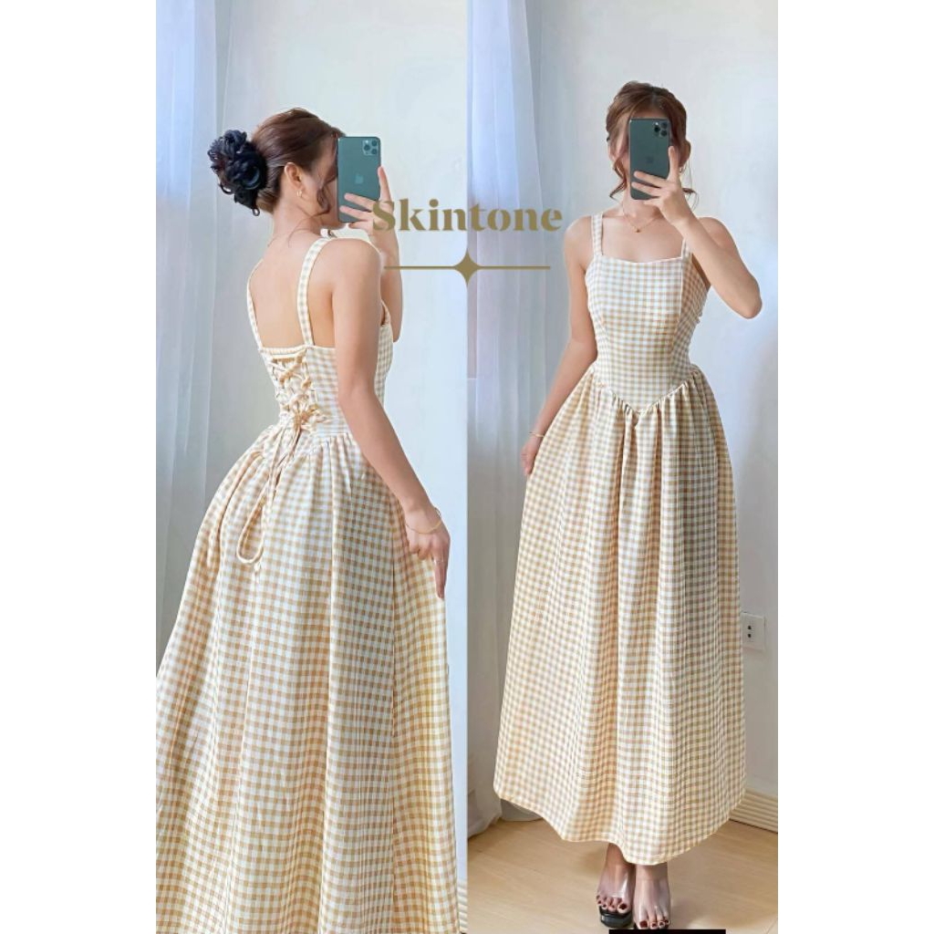 Drea Maxi Padded Dress Gingham Crepe for woman | Shopee Philippines