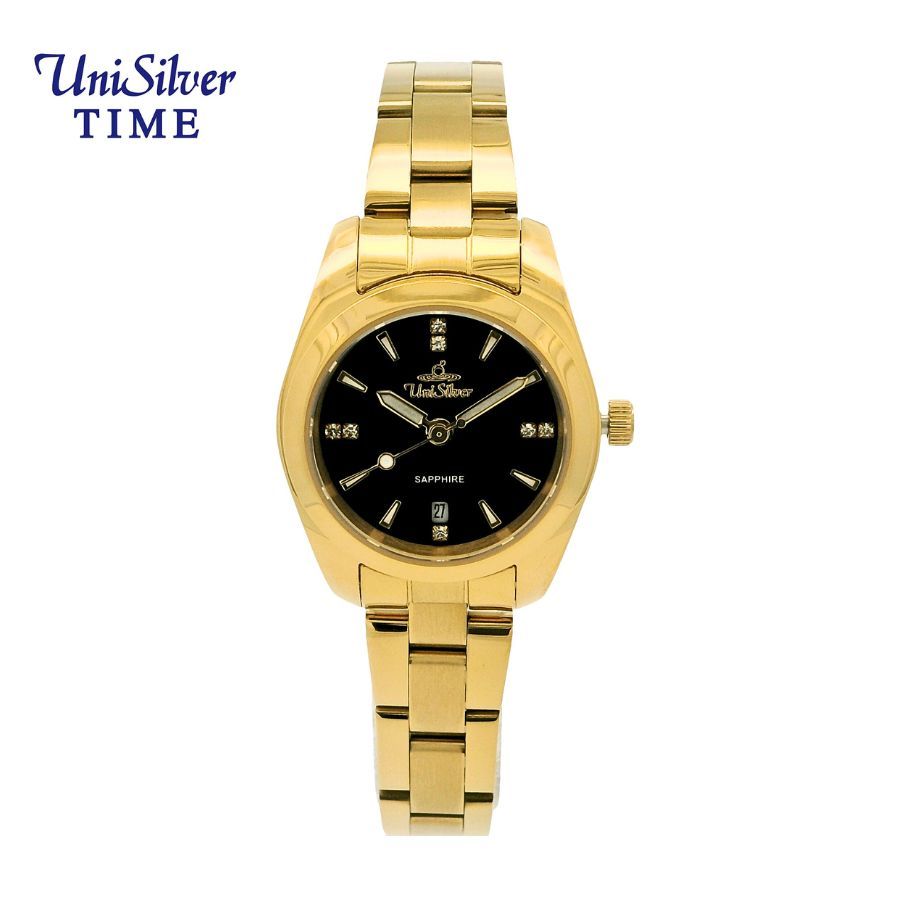 UniSilver TIME Womens Small Gold/Black Sapphire Glass Analog Stainless ...