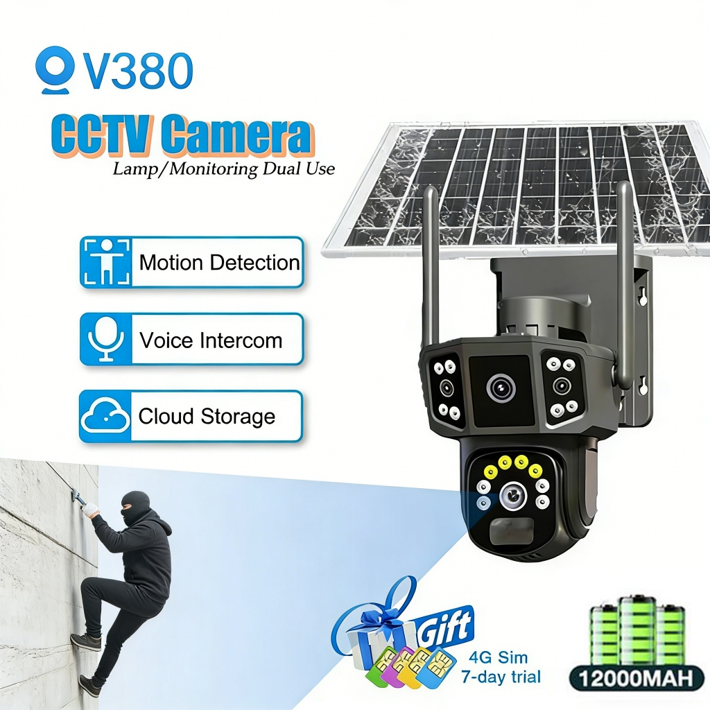 V380 Three Lens Solar CCTV Free 4G SIM Card No Wifi Needed 12MP Outdoor ...