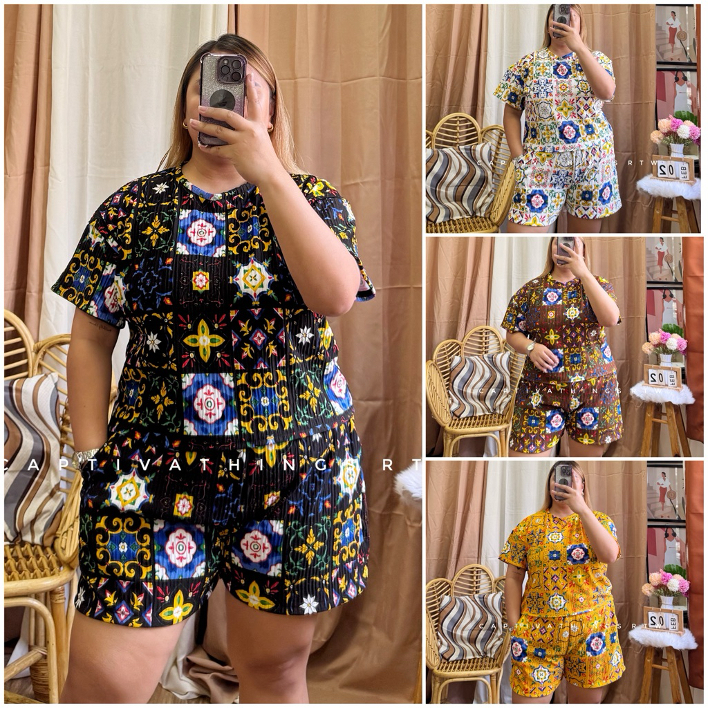 PLUS SIZE XL-3XL Oli Coords Round Neck Top Short Terno Bark Crepe w ...