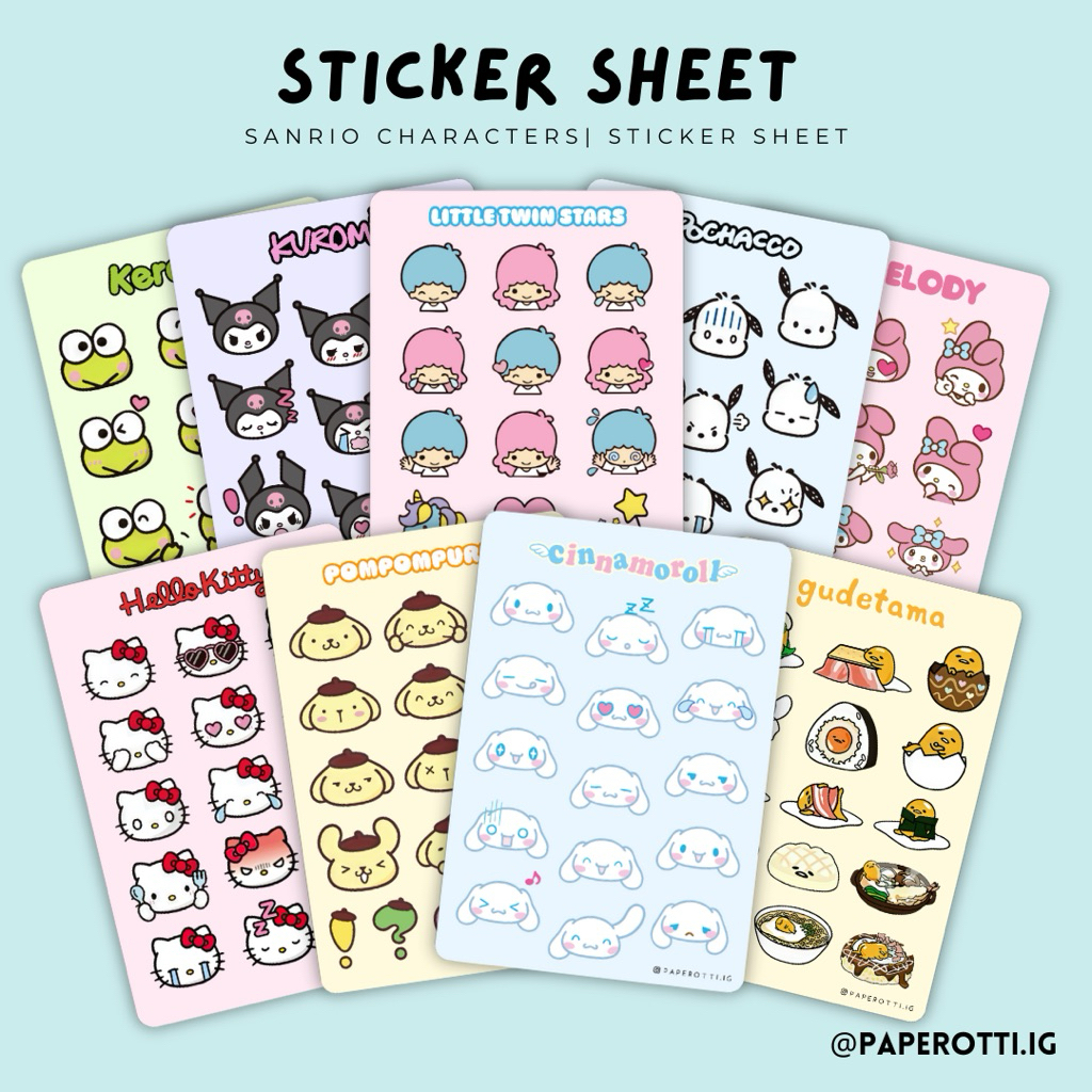 Sanrio Sticker Sheet | Hello Kitty Kuromi Keropi Gudetama My Melody ...