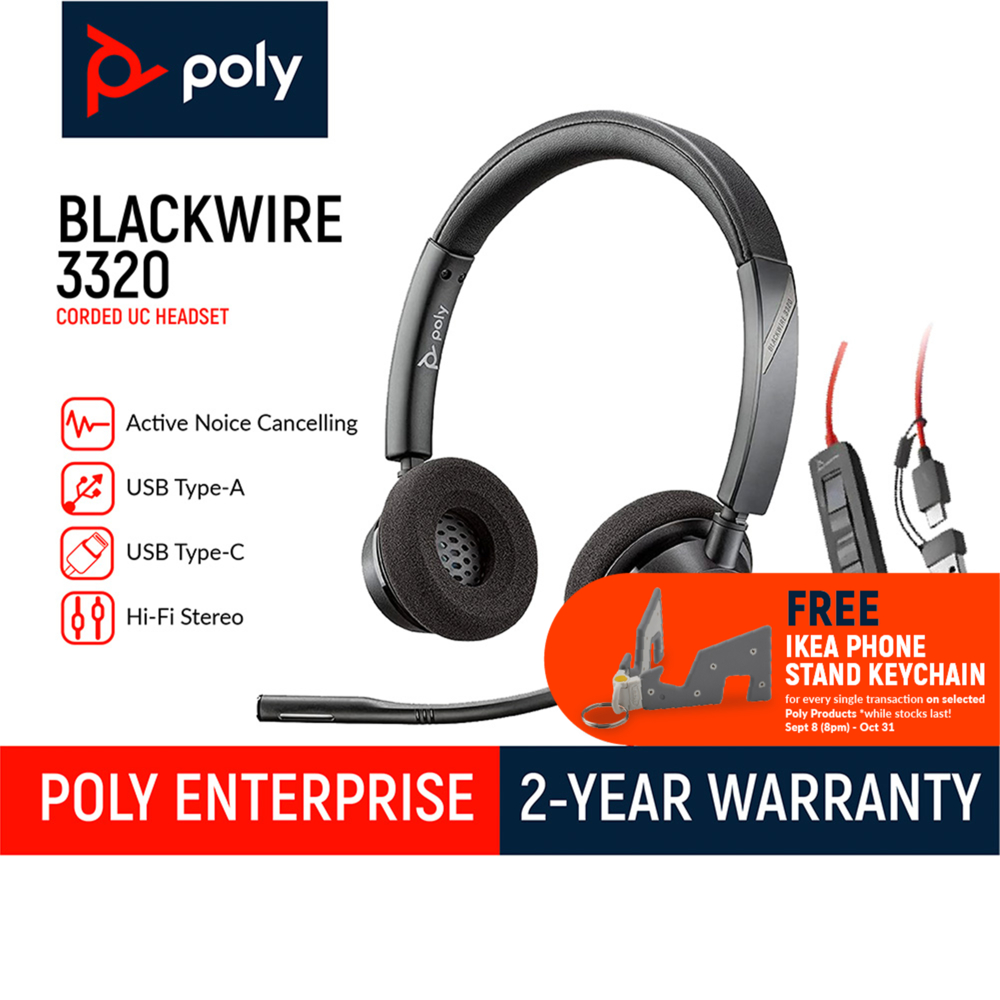 Poly Blackwire 3320 Stereo Microsoft Teams Certified USB-C Headset +USB ...