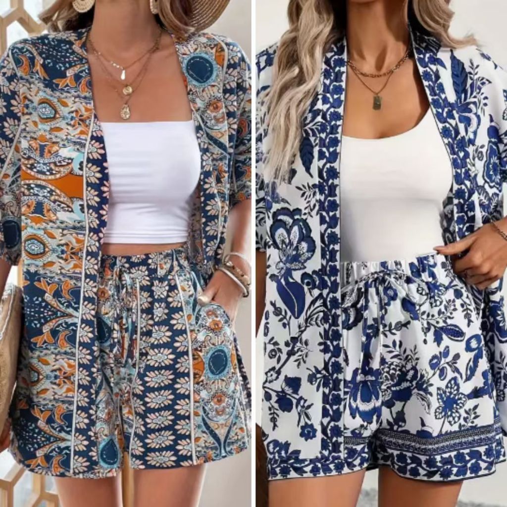 UIKI Abstract Print Open Cardigan + Short Pants Set Vacation Style Suit ...