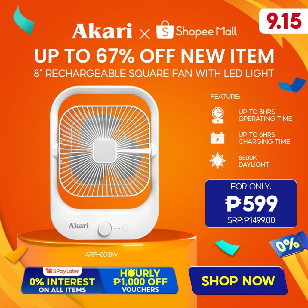 Akari 8" Rechargeable Square Fan with Emergency LED light (ARF-8018 ...