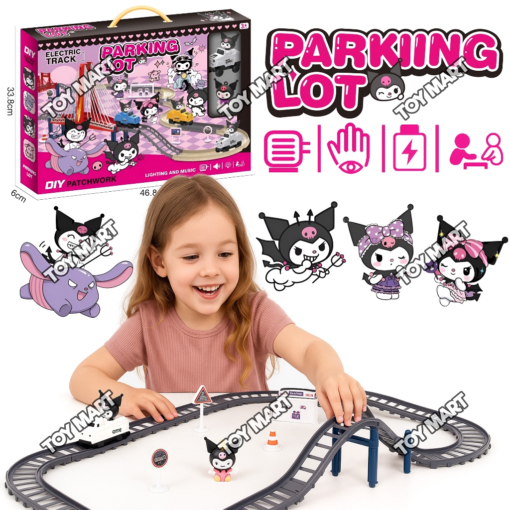 Kuromi DIY Parking Lot Toy Train with Bridge, Tracks & Signs Battery ...
