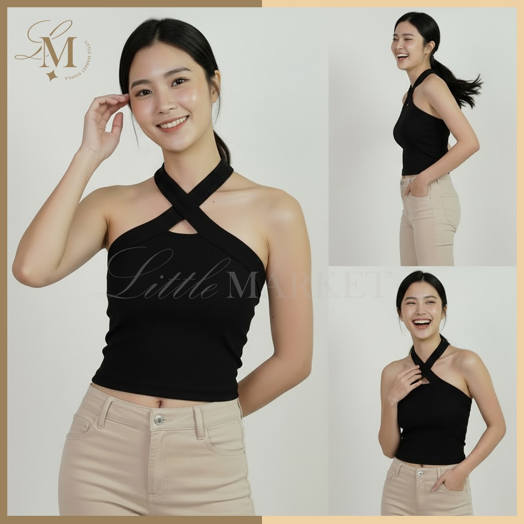LittleMarket Ribbed Knit Criss-Cross Halter Top for Women Cropped Tank ...