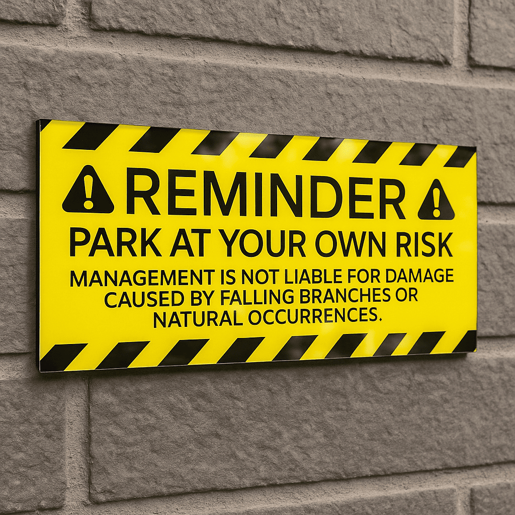 LE Acrylic Sign Reminder Park at your own risk Management is not liable ...