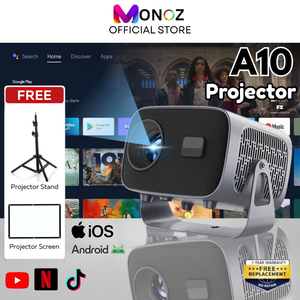 Monoz A10 Aura Smart Android Projector | WiFi 6 & BT 5.0 | Portable ...