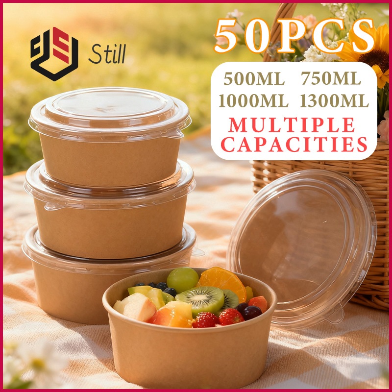 50PCS Kraft Salad Paper Bowl Disposable Microwavable Safe Clear Lid ...