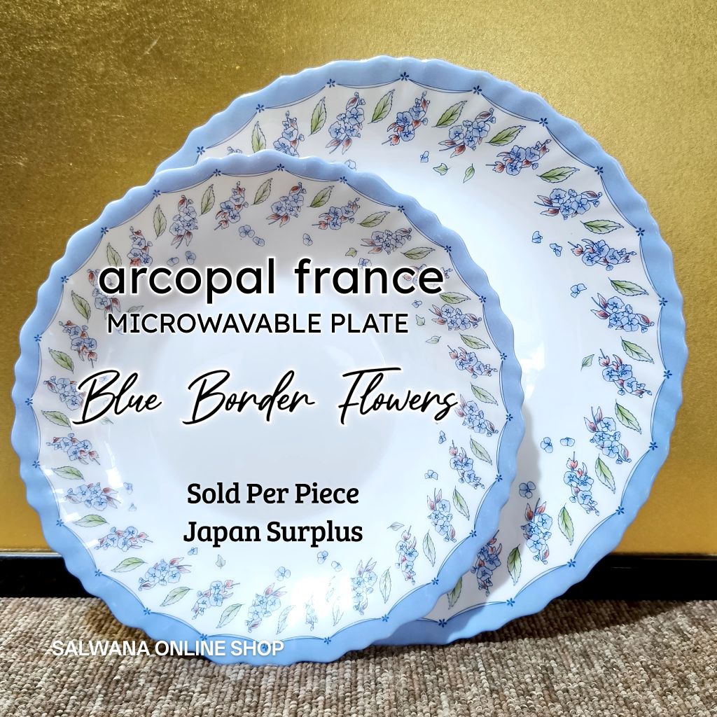 ARCOPAL FRANCE MICROWAVABLE PLATE BLUE BORDER FLOWERS 1PC • JAPAN ...
