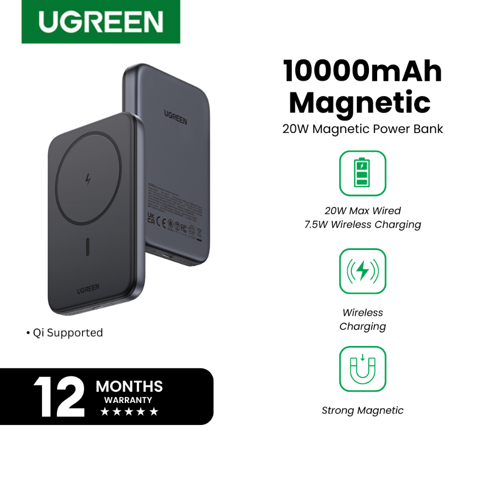 UGREEN 10000mAh Mini 20W Magnetic Wireless Power Bank Portable Snap-On ...