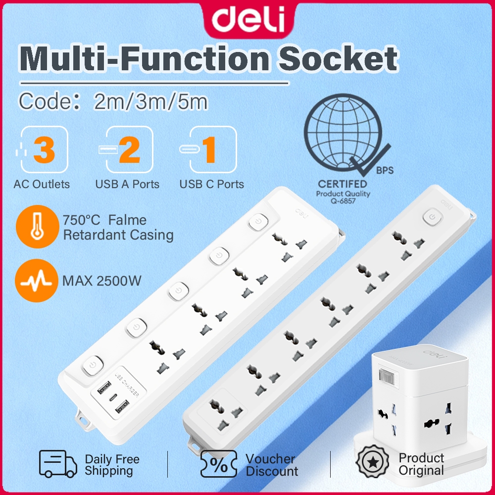 Deli T7/T7P/E7 Power Strip Socket 2500W/10A Extension Outlet 3/4/6 ...