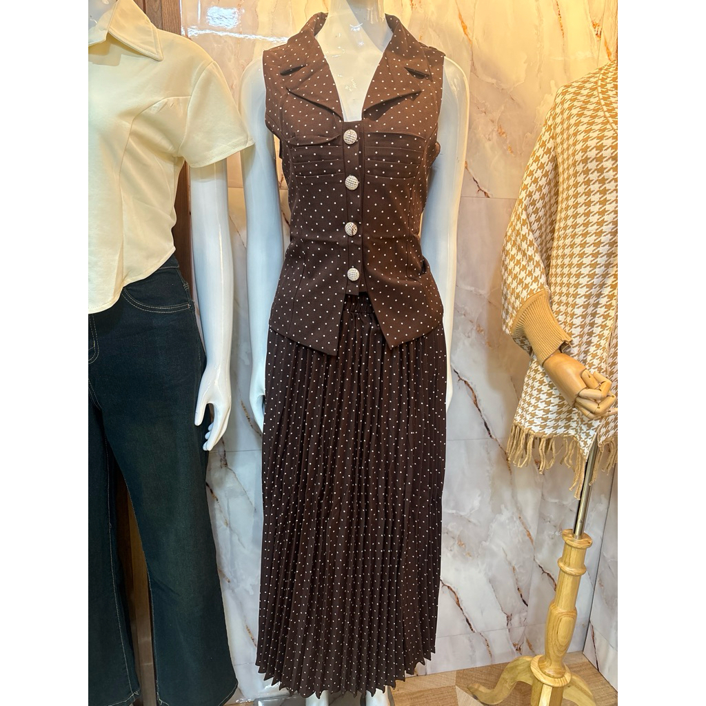 PREMIUM POLKA COORDINATES FORMAL WEAR SLEEVESLESS VEST AND LONG DRESS ...