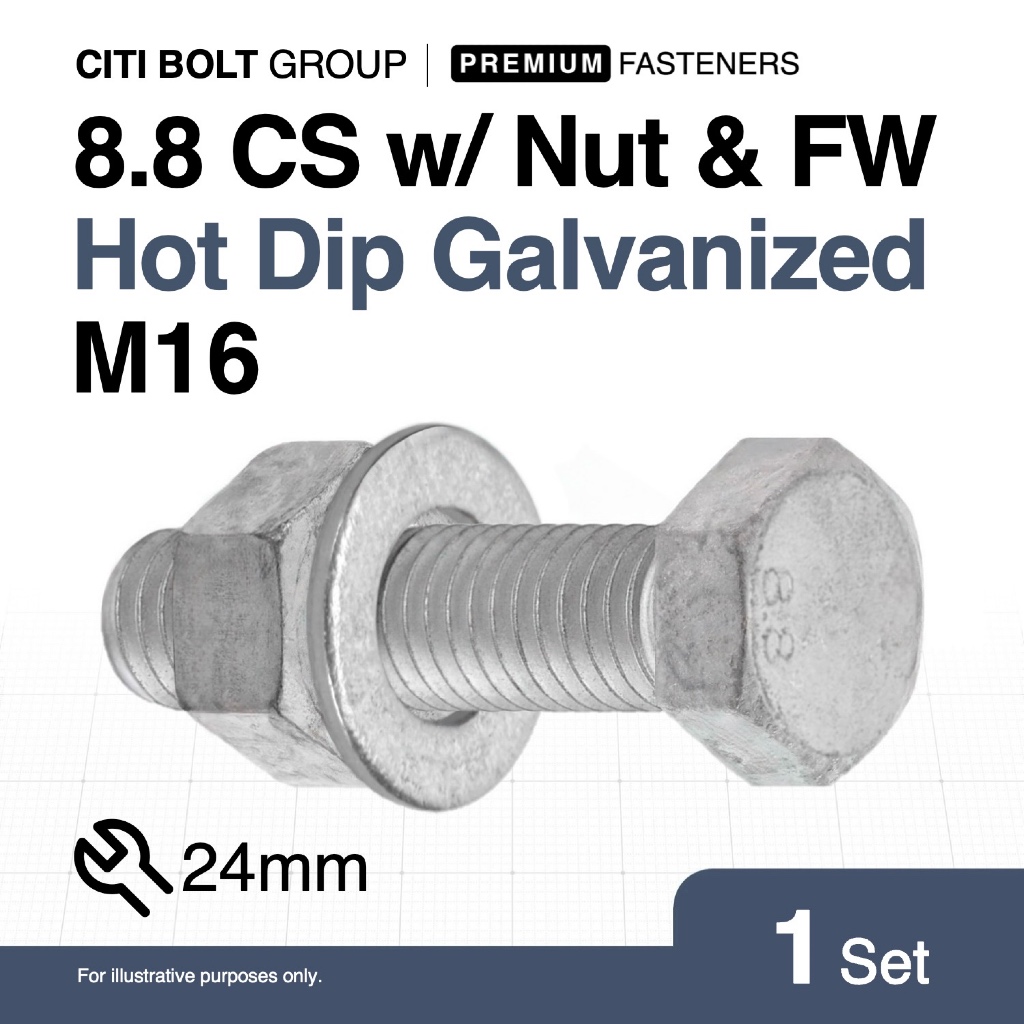 1set M16 (16MM) Grade 8.8 High Tensile Hex Cap Screw FT w/ Nut & FW ...