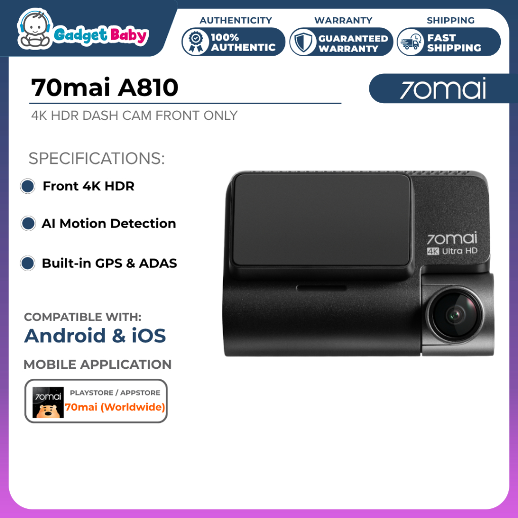 70mai A810 4K HDR Dash Cam | Front Only | Sony Starvis 2 IMX678 | AI ...