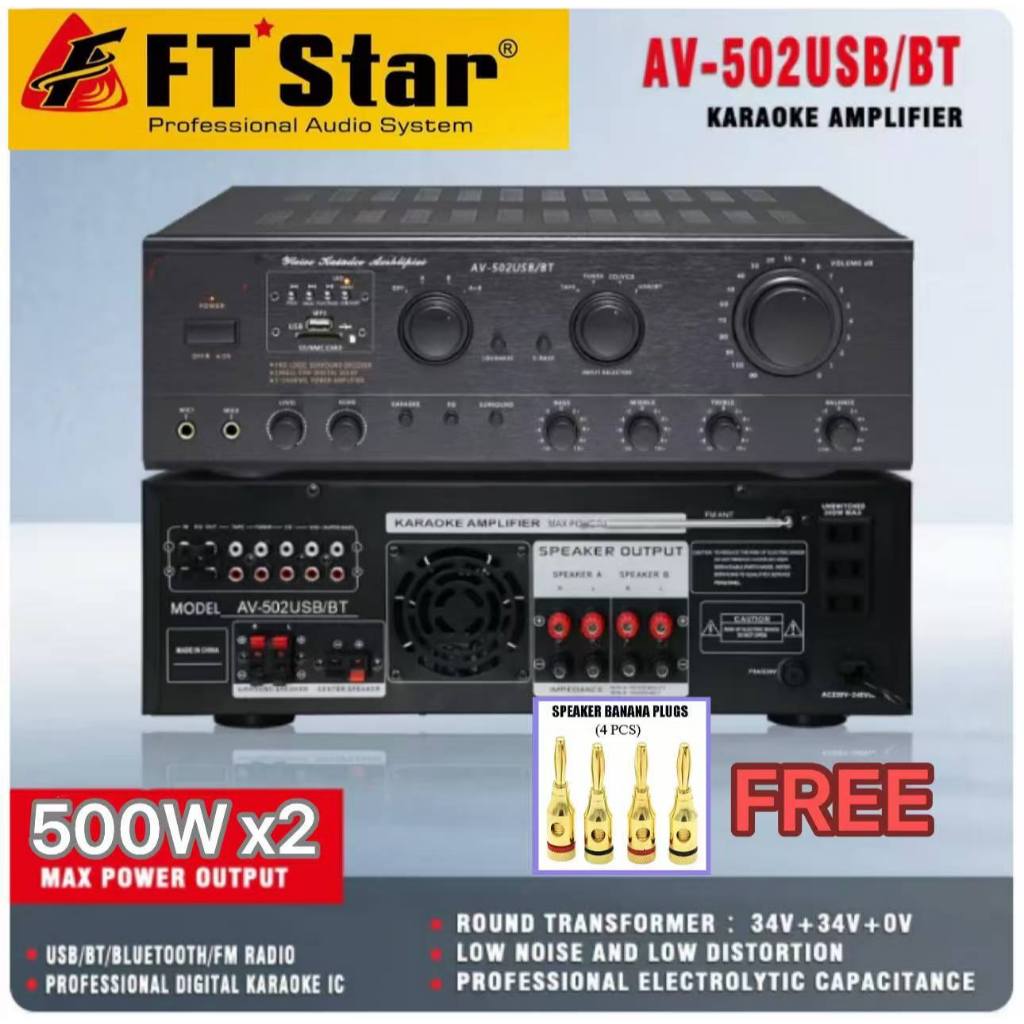 FT STAR Professional Amplifier AV-502B/AV-502USB (500Wx2) For Karaoke ...