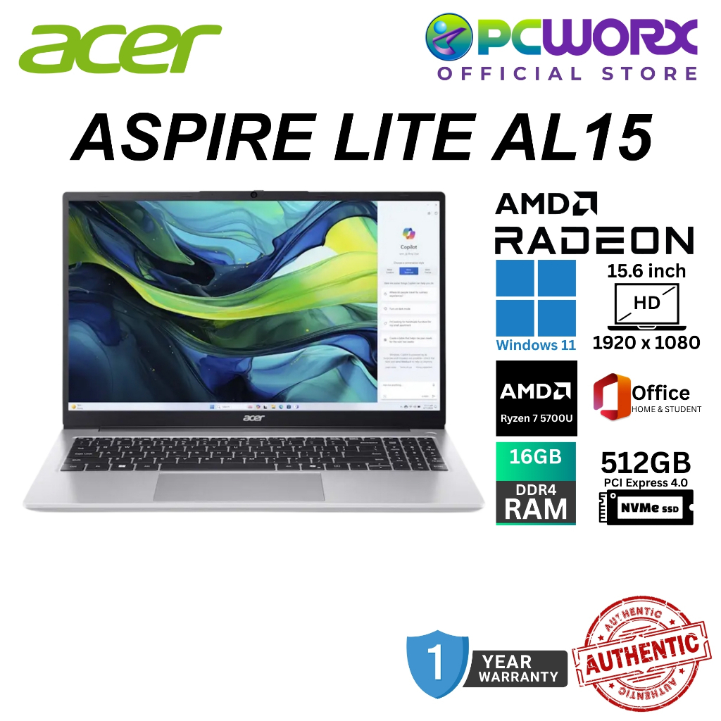 Acer AL15-41P-R51N Ryzen 7-5700u 16GB 512GB SSD 15.6" Integrated Win11 ...