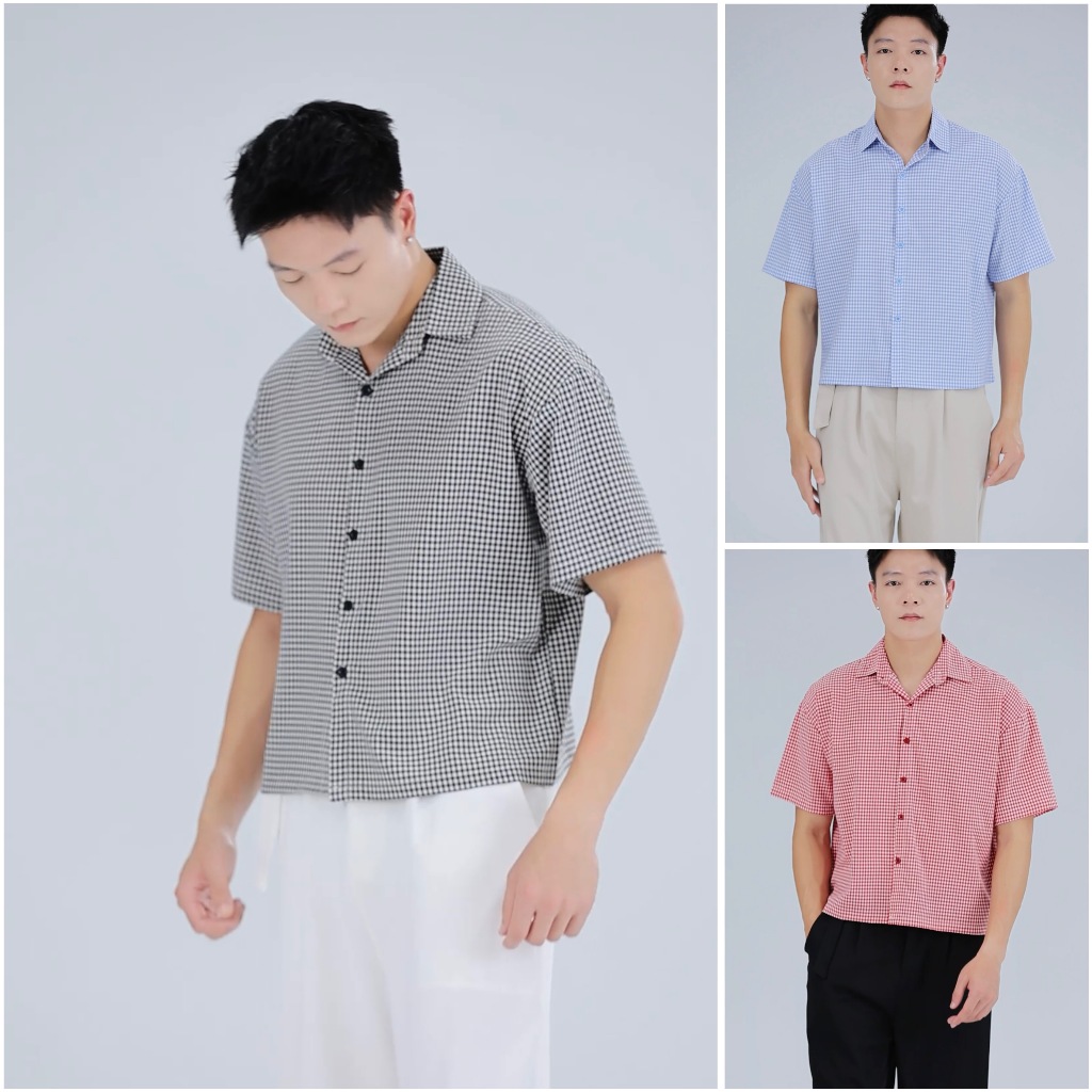 Mannered x HUILISHI Fine-Checkered Boxy Cropped Polo for Men Short ...