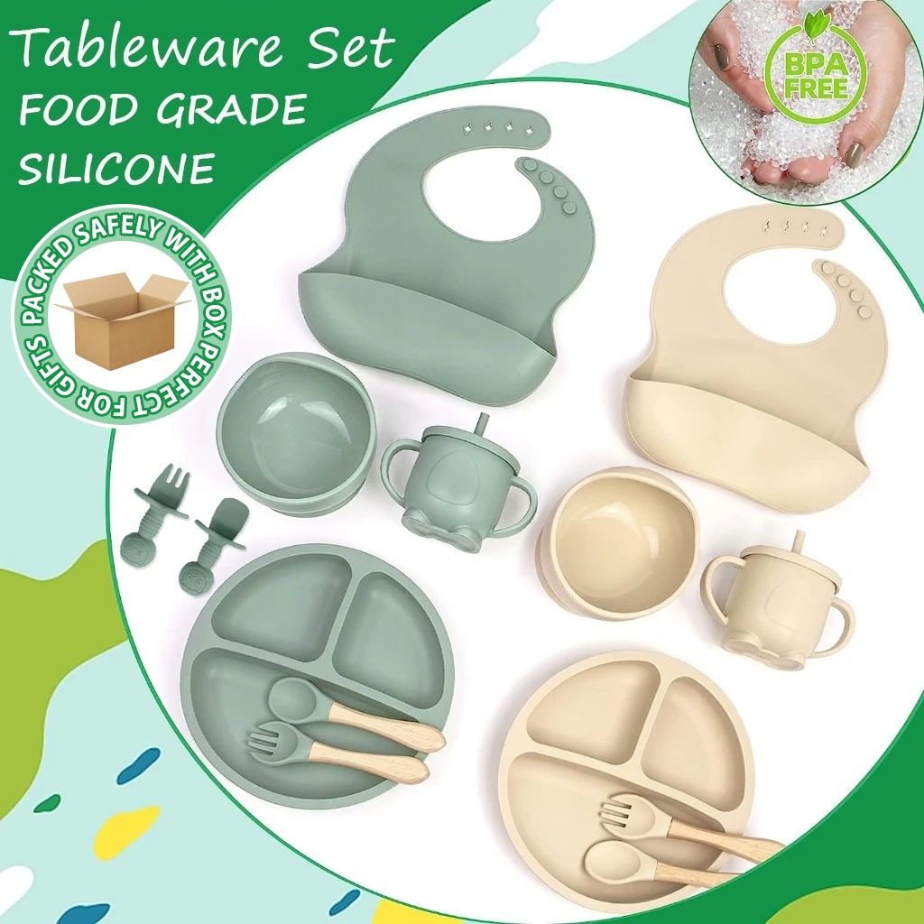 3/8PCS Baby Silicone Tableware Kids Utensil Bib Straw Cup Bowl Suction ...