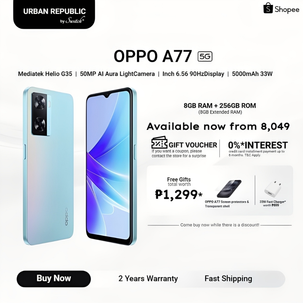 OPPO A77 Smartphone (8GB RAM + 256GB ROM/33W SuperVOOC/50MP AI Dual ...