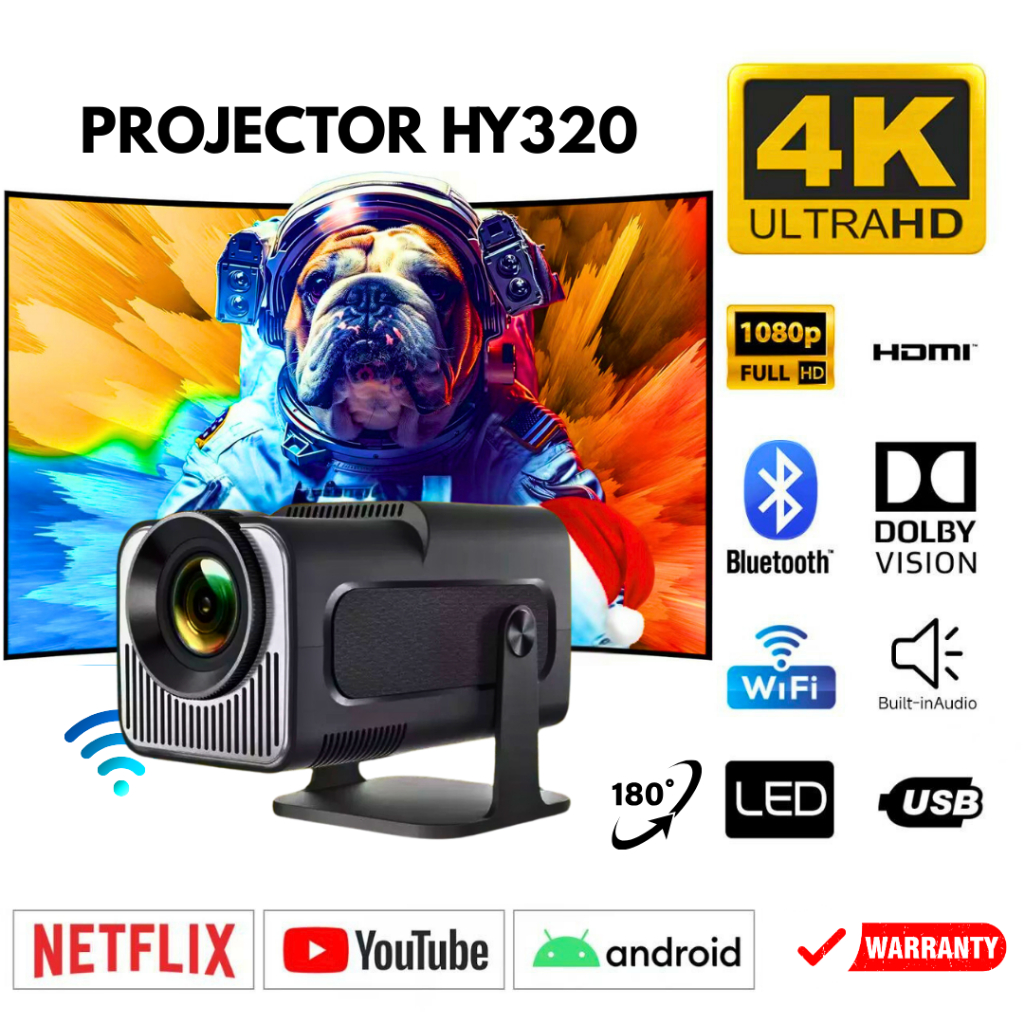 HY320 Smart Projector | 4K Support 1080P HD | 10000 Lumens | 180° Flip ...