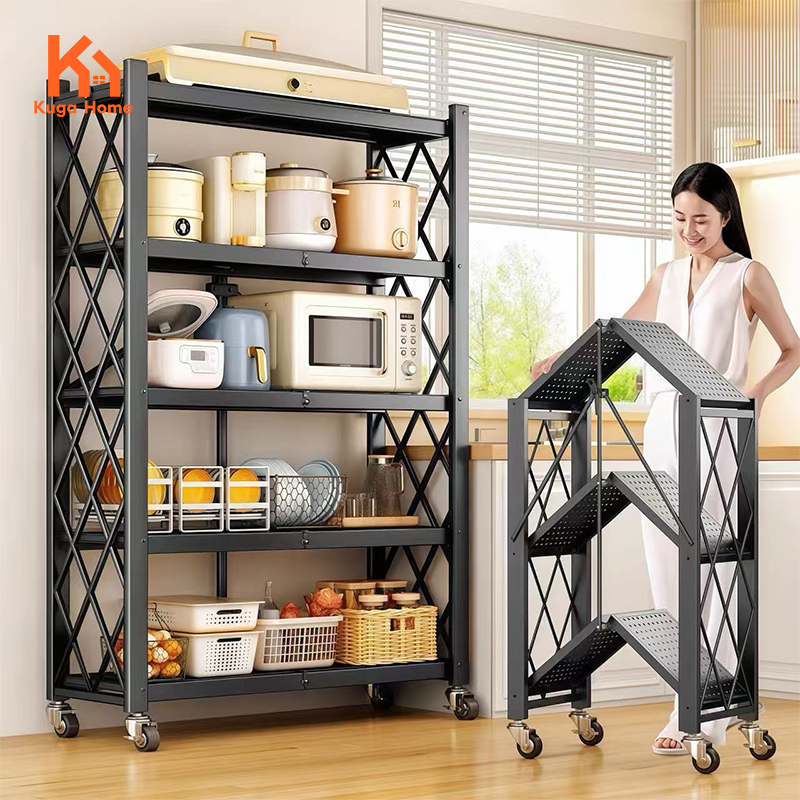 Foldable Metal Rack With Wheels Free Installation Kitchen Shelf ...