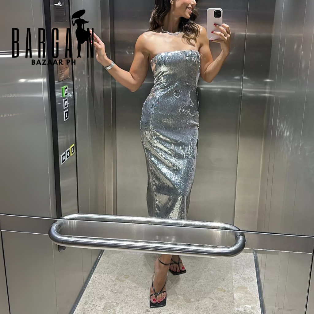 BBPh Indefeir Tube Strapless Midi Dress With Sequins Silver Metallic ...