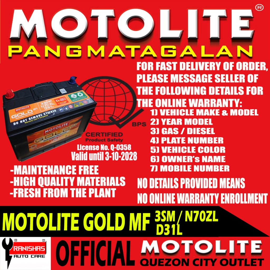 MOTOLITE GOLD 3SMF 3SM Ordinary & Reverse Maintenance Free Battery 3SM ...