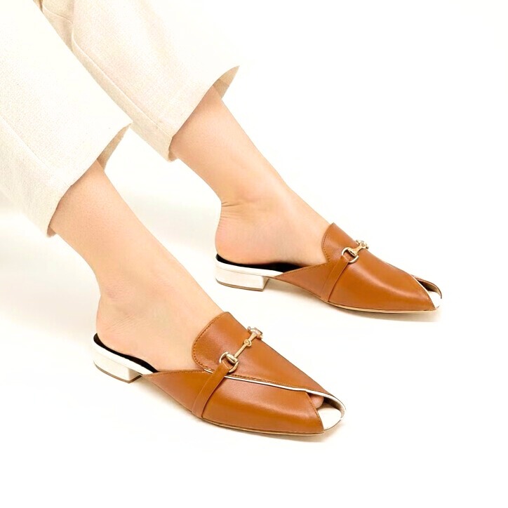 R&A298 1-Inch Peep-Toe Semi-Pointed Heeled Mules w/ Gold Metal Buckles ...