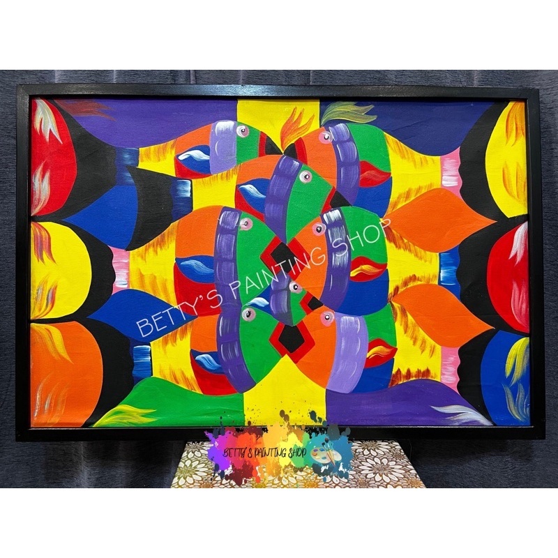 8 Yellow Fish Abstract Acrylic Oil Painting Framed Canvas Wall Art Home ...