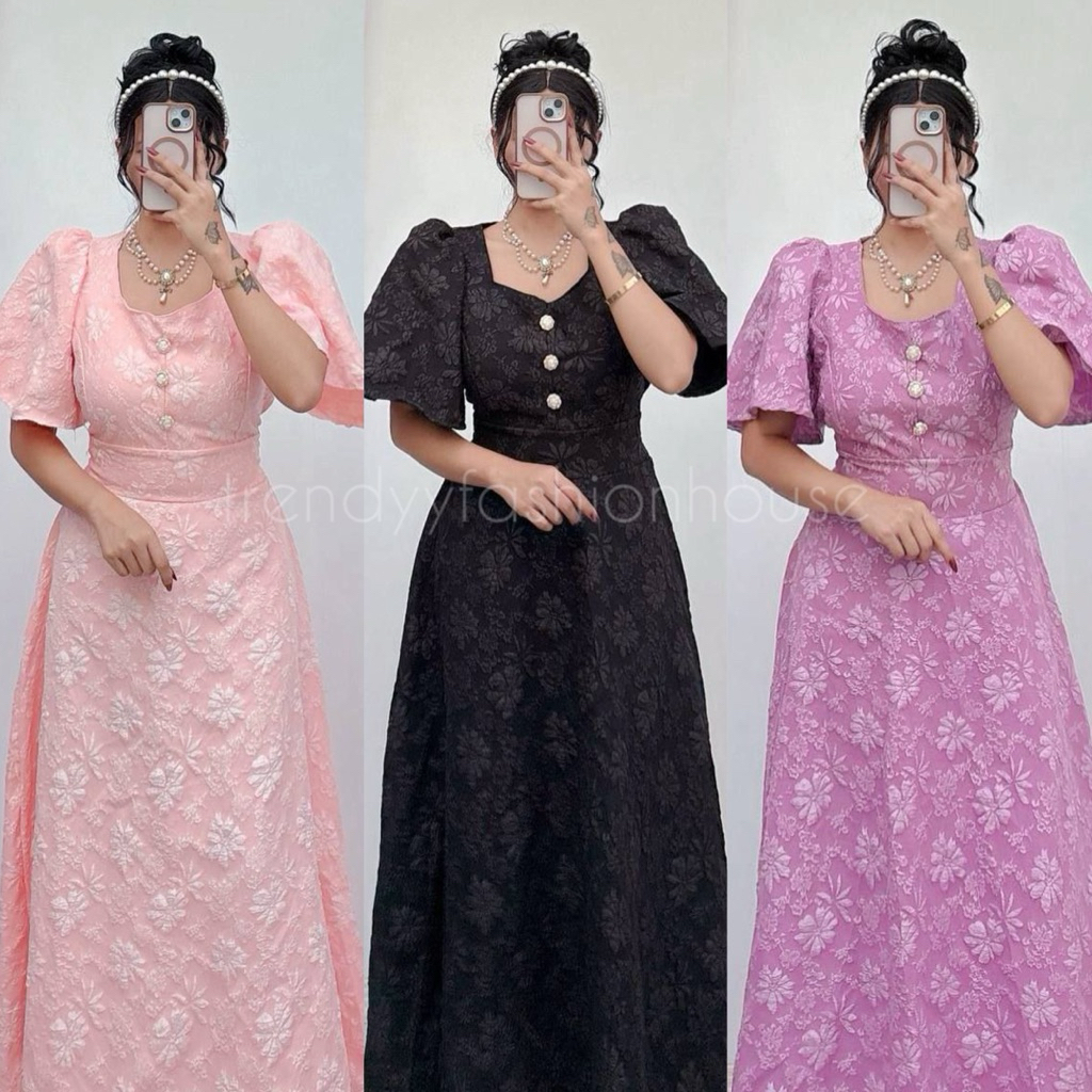 Vheronika Puff Sleeves Square Neck EMBOSSED Maxi Casual Dress *RANDOM ...