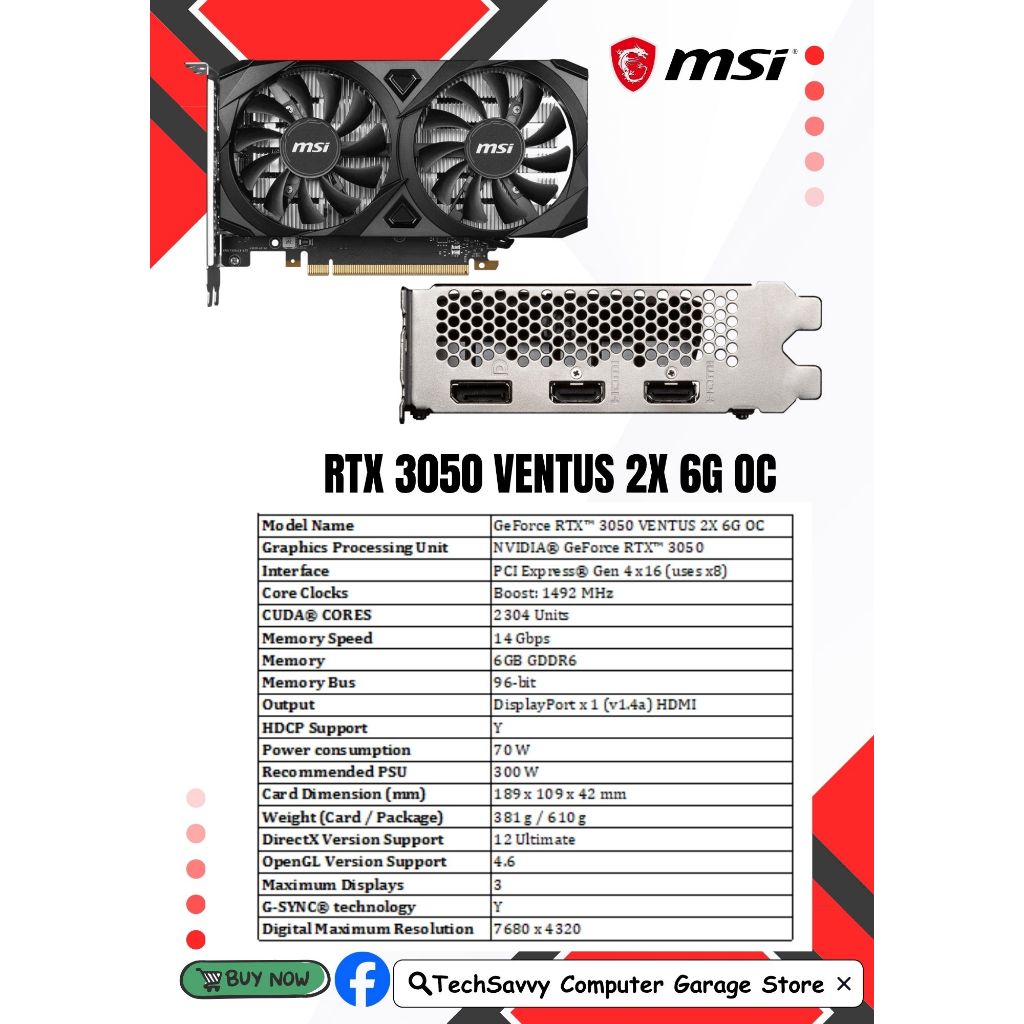 RTX™ 3050 VENTUS 2X 6G OC ( PRE-OWNED ) | Shopee Philippines