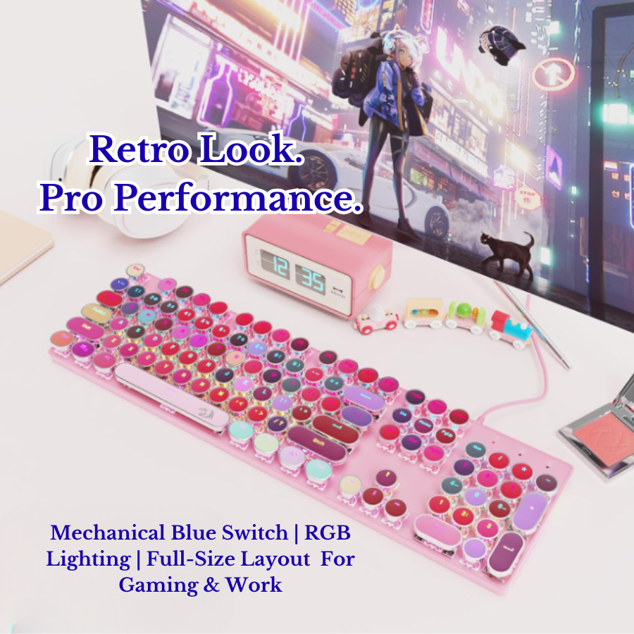 HUOJI Retro Typewriter Mechanical Keyboard Blue Switch RGB Side Light ...