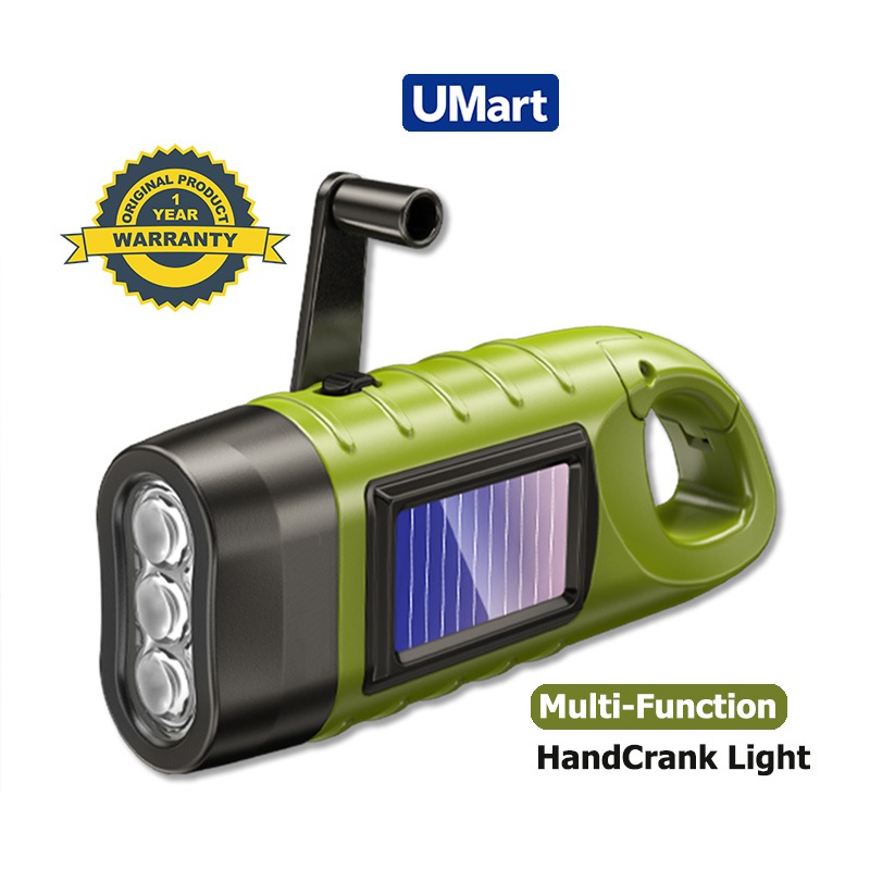 UMART Hand Crank Solar Powered Flashlight Emergency Rechargeable LED ...
