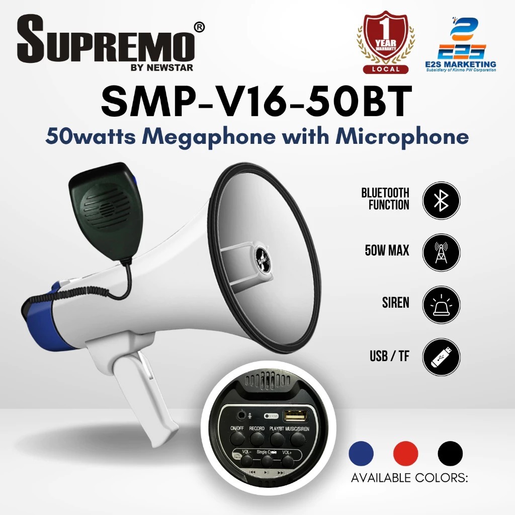 Supremo High Power Handheld Megaphone with Microphone 50Watts SMP-V16 ...