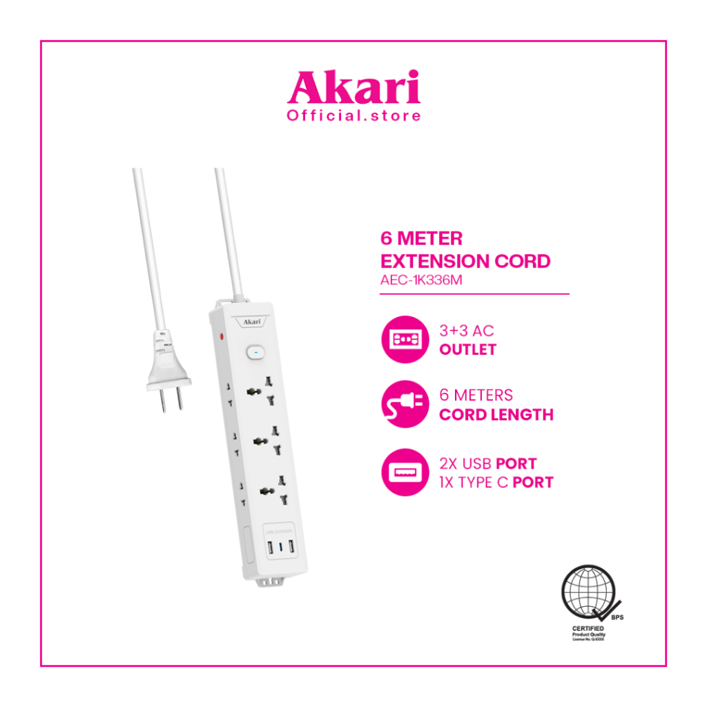 Akari Extension Cord with 3+3 AC & USB Type A and Type C outlets 6 ...