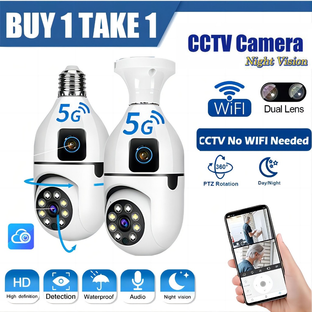 BUY 1 TAKE 1 Bulb Dual Lens 8MP+8MP 5G NO WIFI Needed CCTV Camera Auto ...
