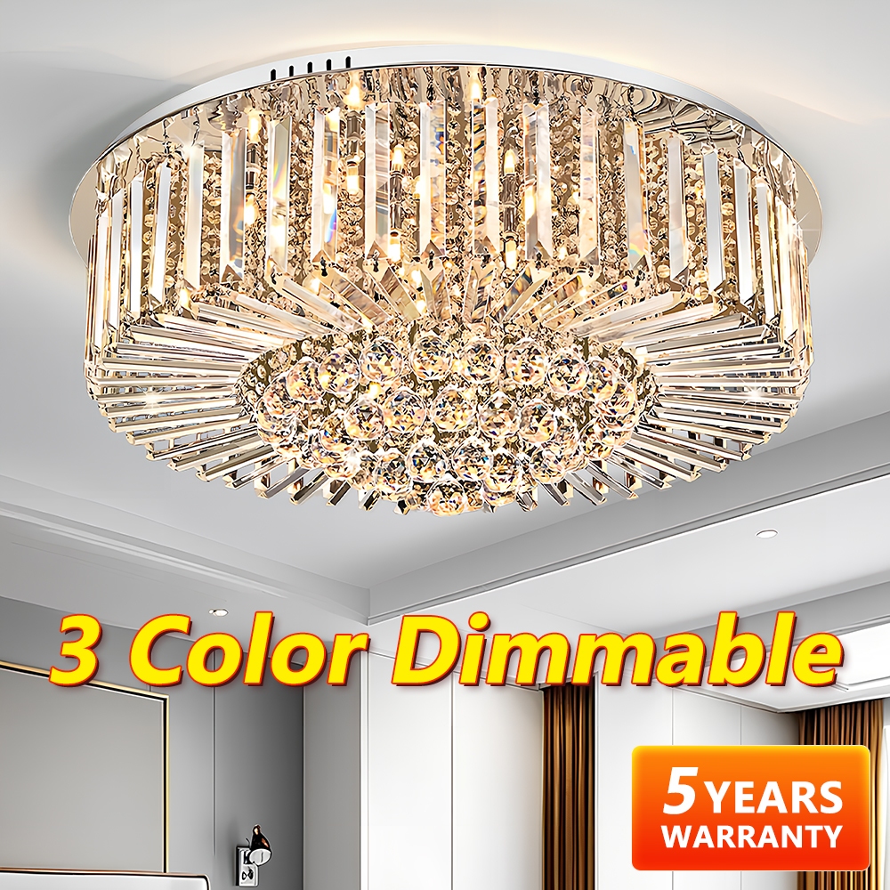 Premium Crystal Chandelier Ceiling Light - Aesthetic Modern 3-Color LED ...