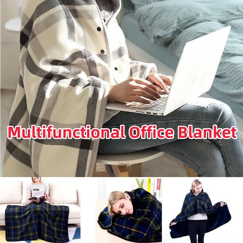 Wearable Plaid Fleece Blanket With Button Office Shawl Nap Air ...