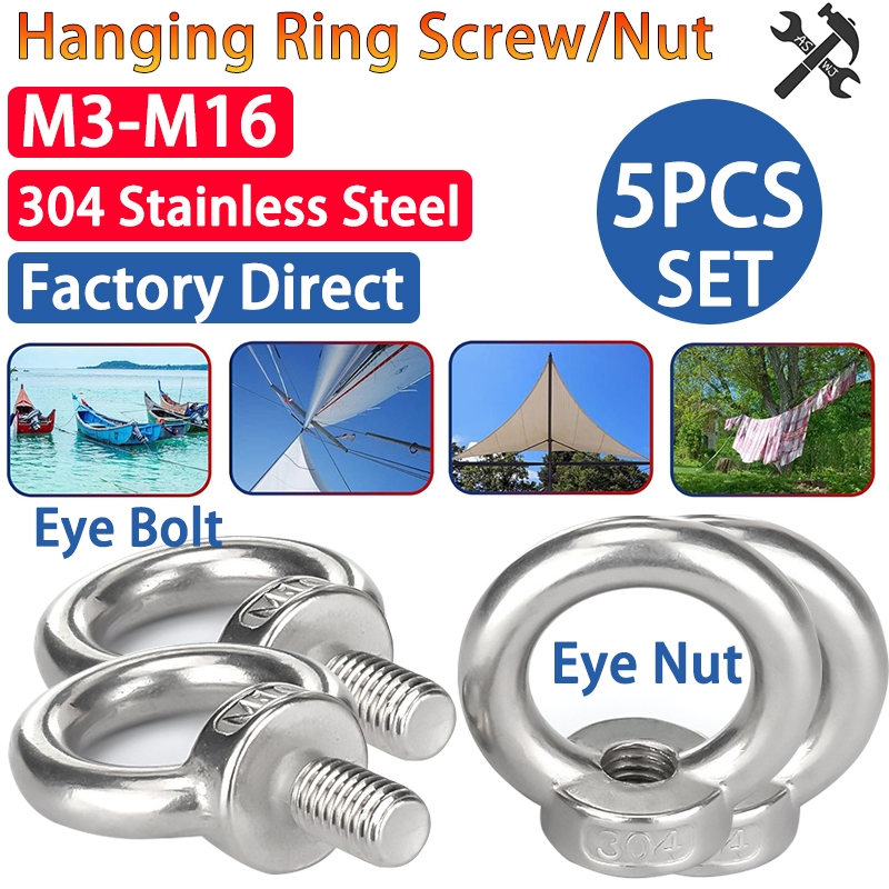 5Pcs 304 Stainless Steel Lifting Eye Screw/Nut M3 M4 M5 M6 M8 M10 M12 ...