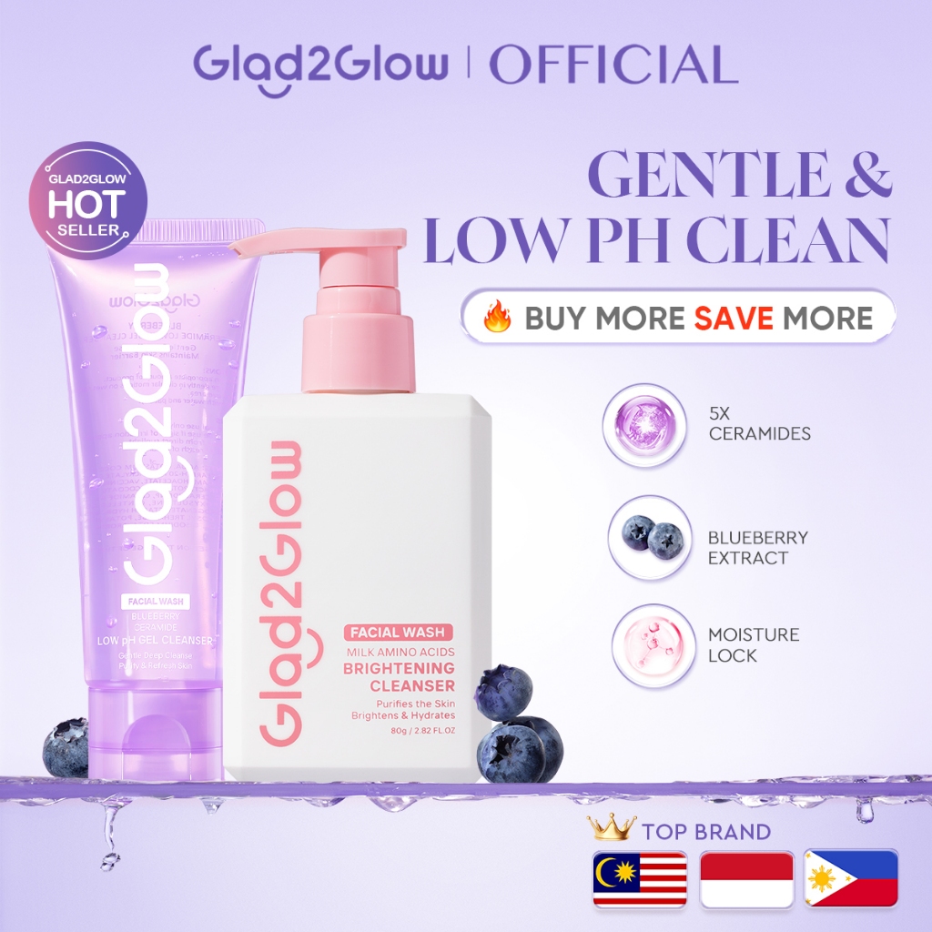 Glad2Glow Best Cleanser Duo Milk Ceramide Low Ph Facial Wash Brighten Sooth Redness Oil Control ...