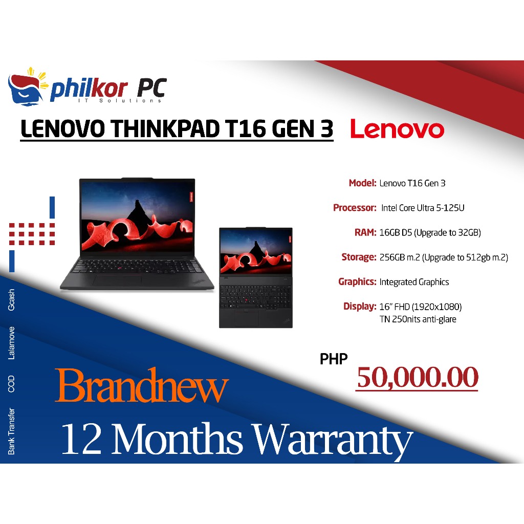 LENOVO LAPTOP THINKPAD T16 GEN 3 Intel Core Ultra 5-125U 16GB D5 (Upg ...