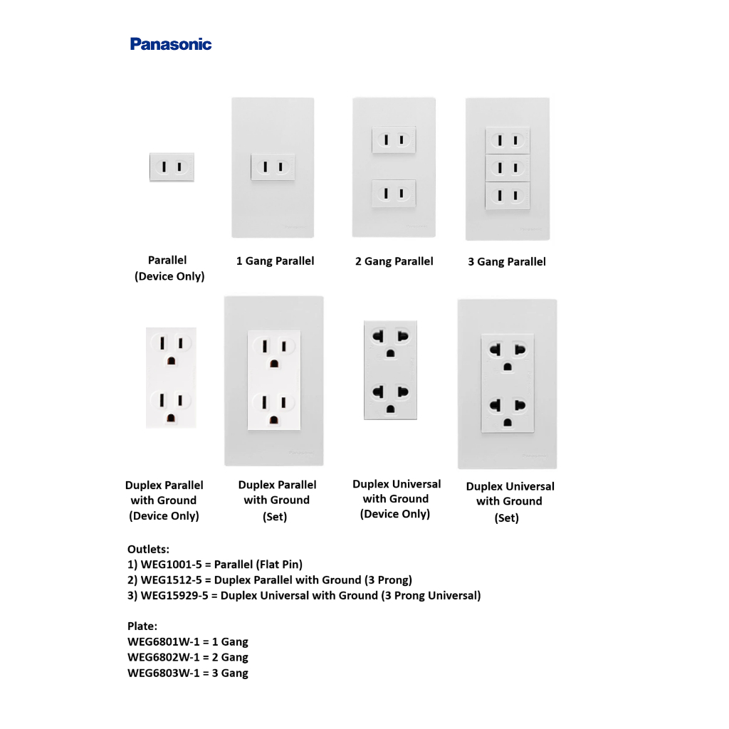 PANASONIC WIDE SERIES OUTLET/RECEPTACLE 1/2/3 GANG FLAT PIN, DUPLEX ...