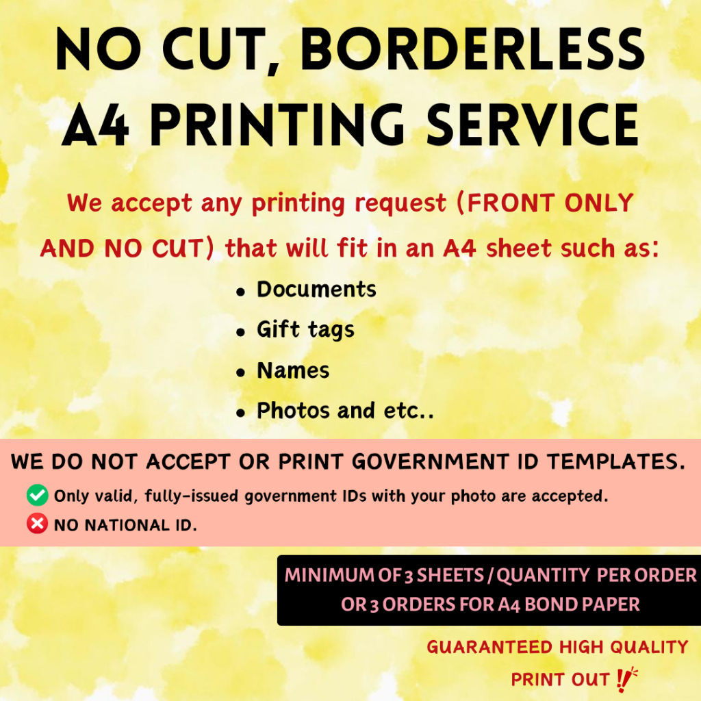 (NO CUT, PRINT ONLY) BORDERLESS A4 PRINTING SERVICE! GUARANTEED HIGH ...