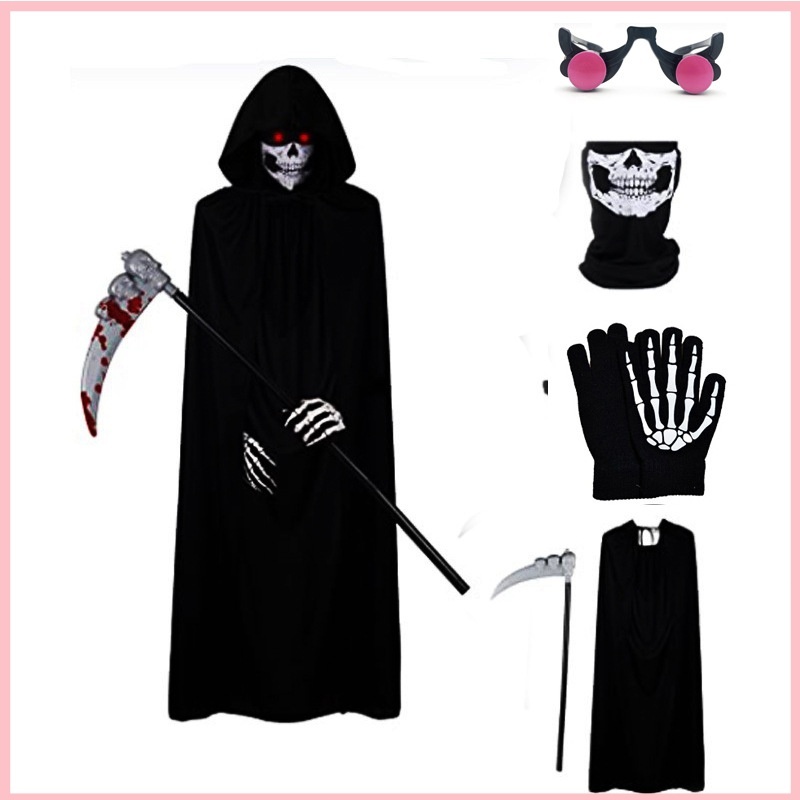 Halloween Grim Reaper Black Cloak Costume Set for Children and Adults ...