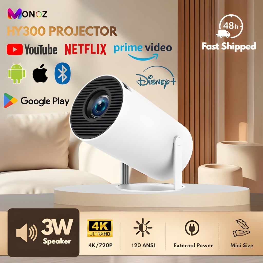 Monoz HY300 Aura Vision Smart Projector 4K | Android 11 | WiFi | Bluetooth | Portable Home ...